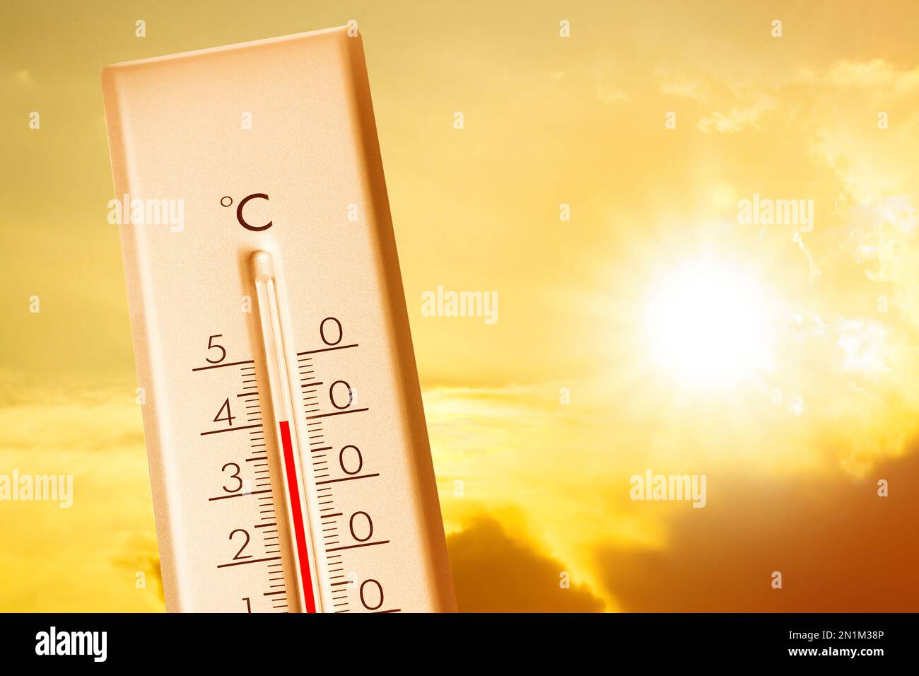 Weather thermometer showing high temperature and sunny sky with clouds ...