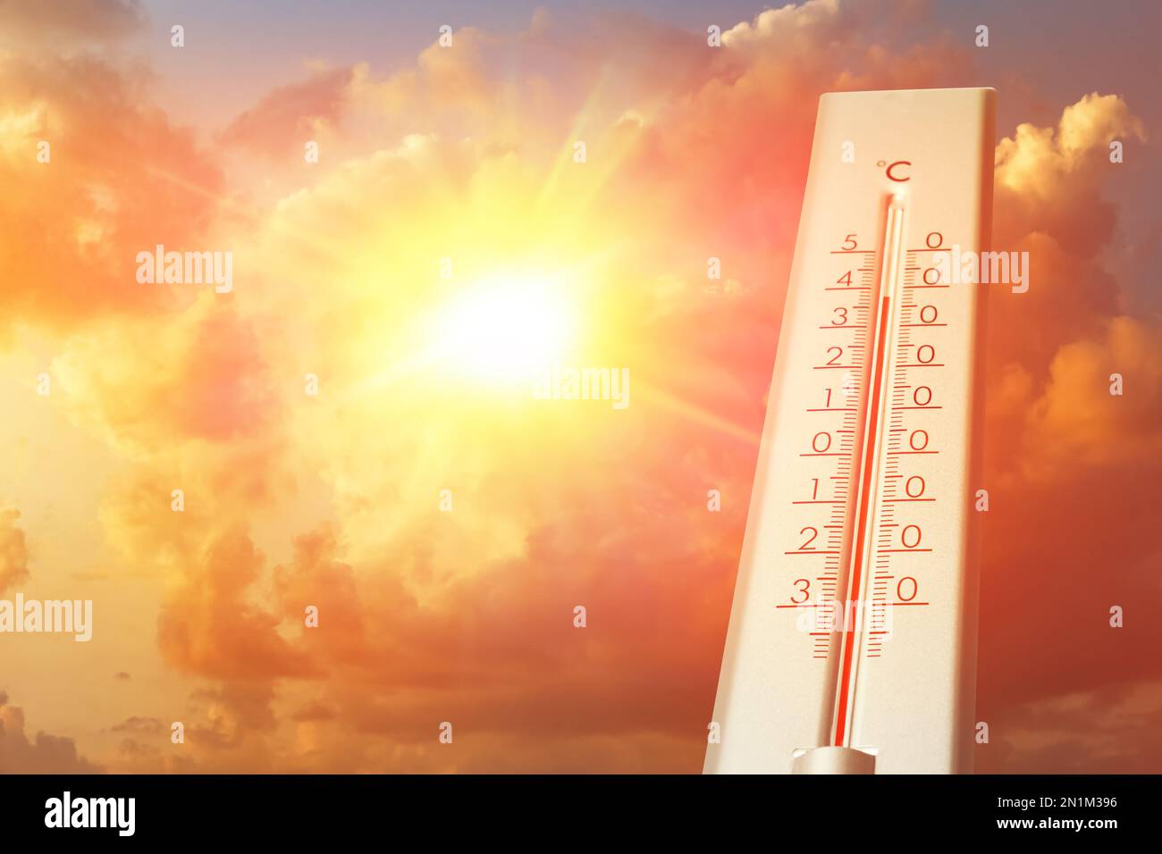 Weather thermometer showing high temperature and sunny sky with clouds ...
