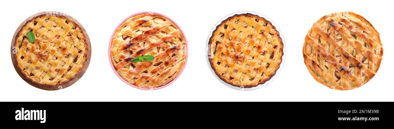 Set of traditional apple pies on white background, top view. Banner ...