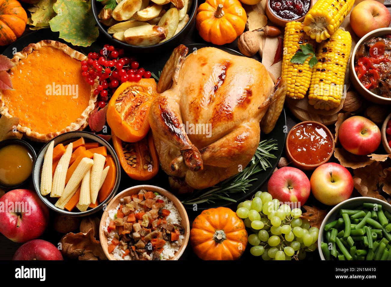 Traditional Thanksgiving day feast with delicious cooked turkey and ...
