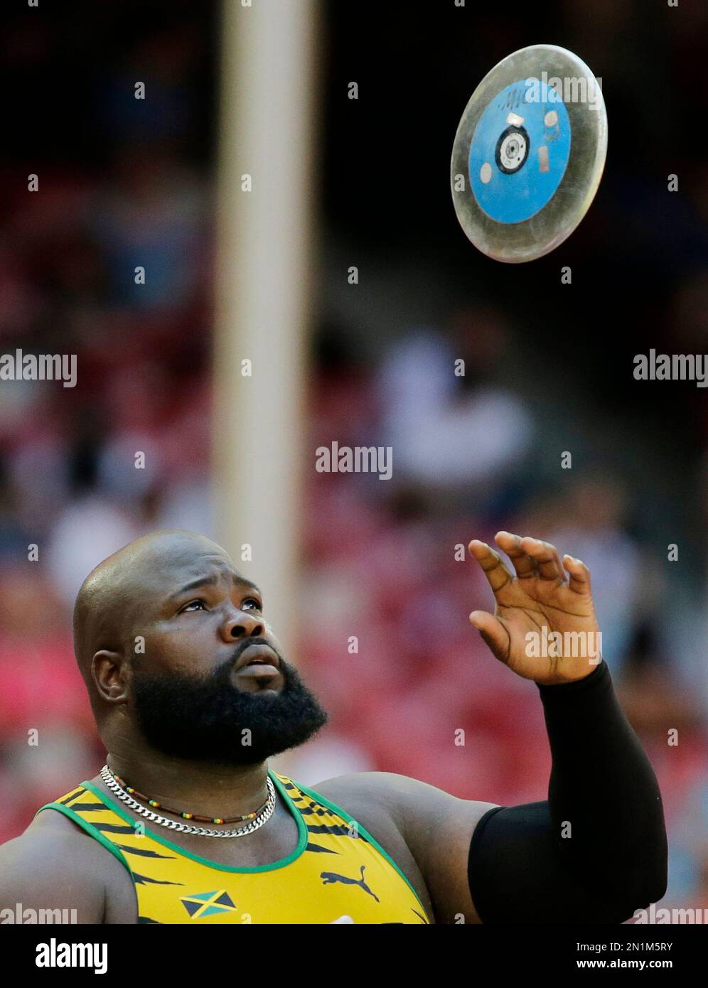 Jamaica's Jason Morgan prepares to compete in the men's discus throw ...