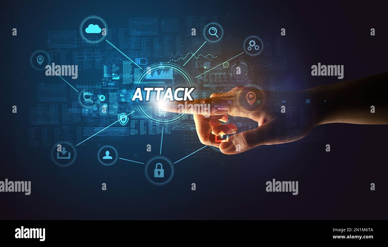 Hand touching cybersecurity button concept Stock Photo - Alamy