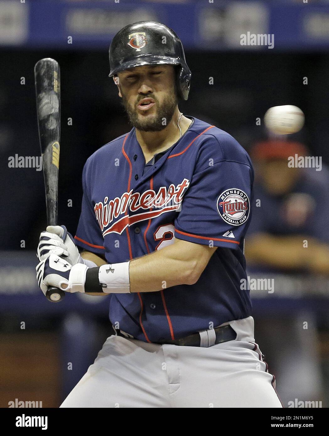 Minnesota Twins' Trevor Plouffe ducks away from an inside pitch by ...