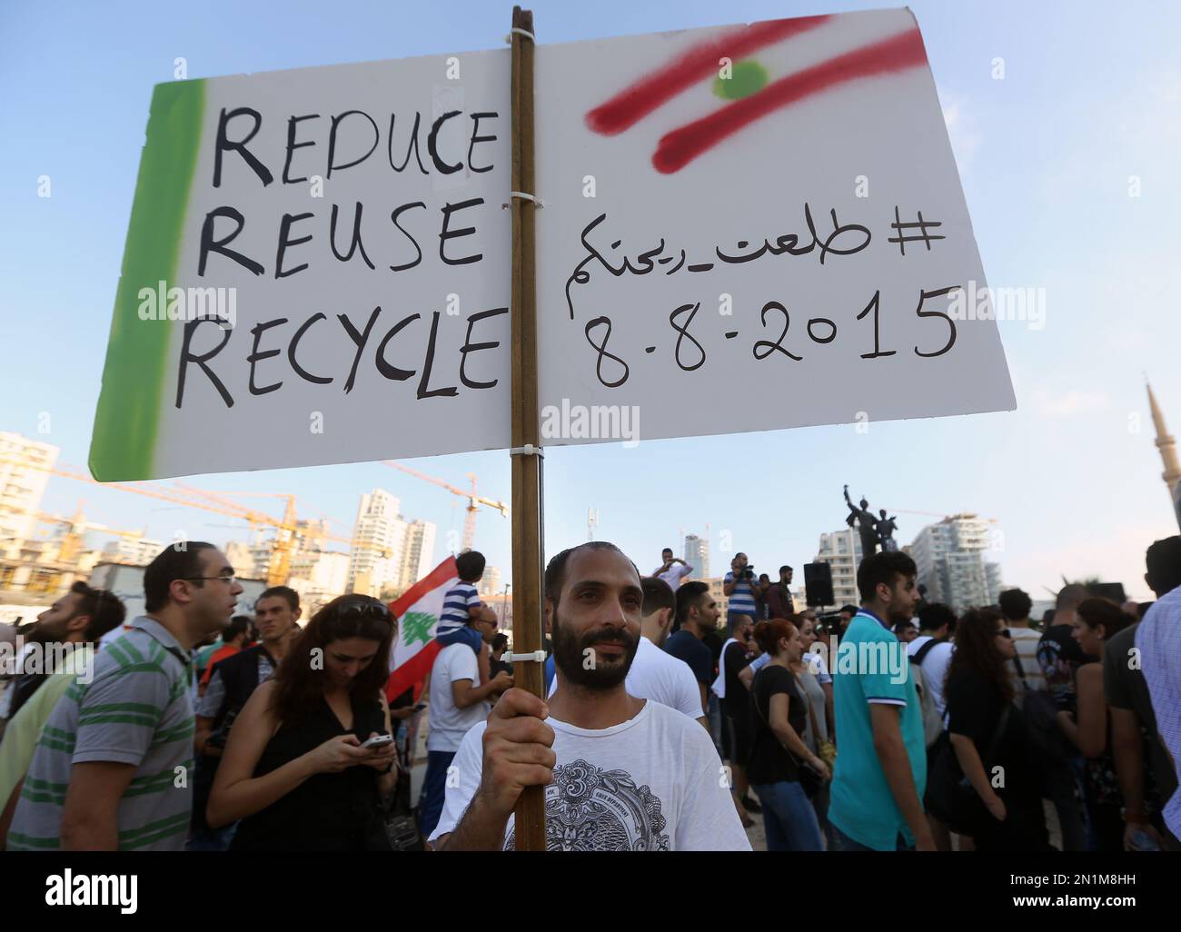 FILE - In this Saturday, Aug. 8, 2015, file photo, a Lebanese protester ...
