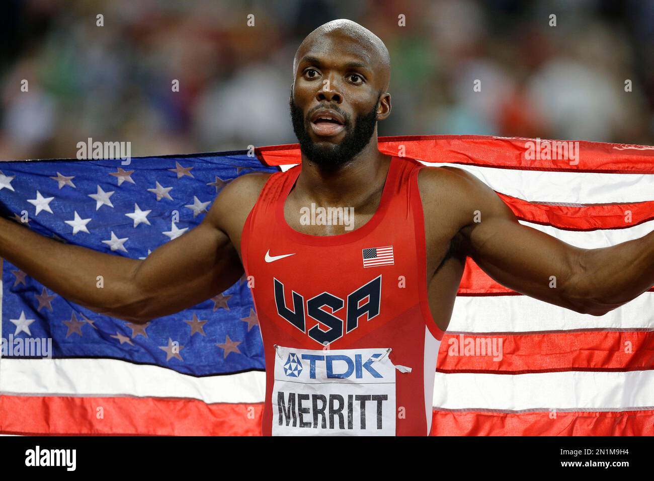 United States' Lashawn Merritt celebrates after his second place finish ...