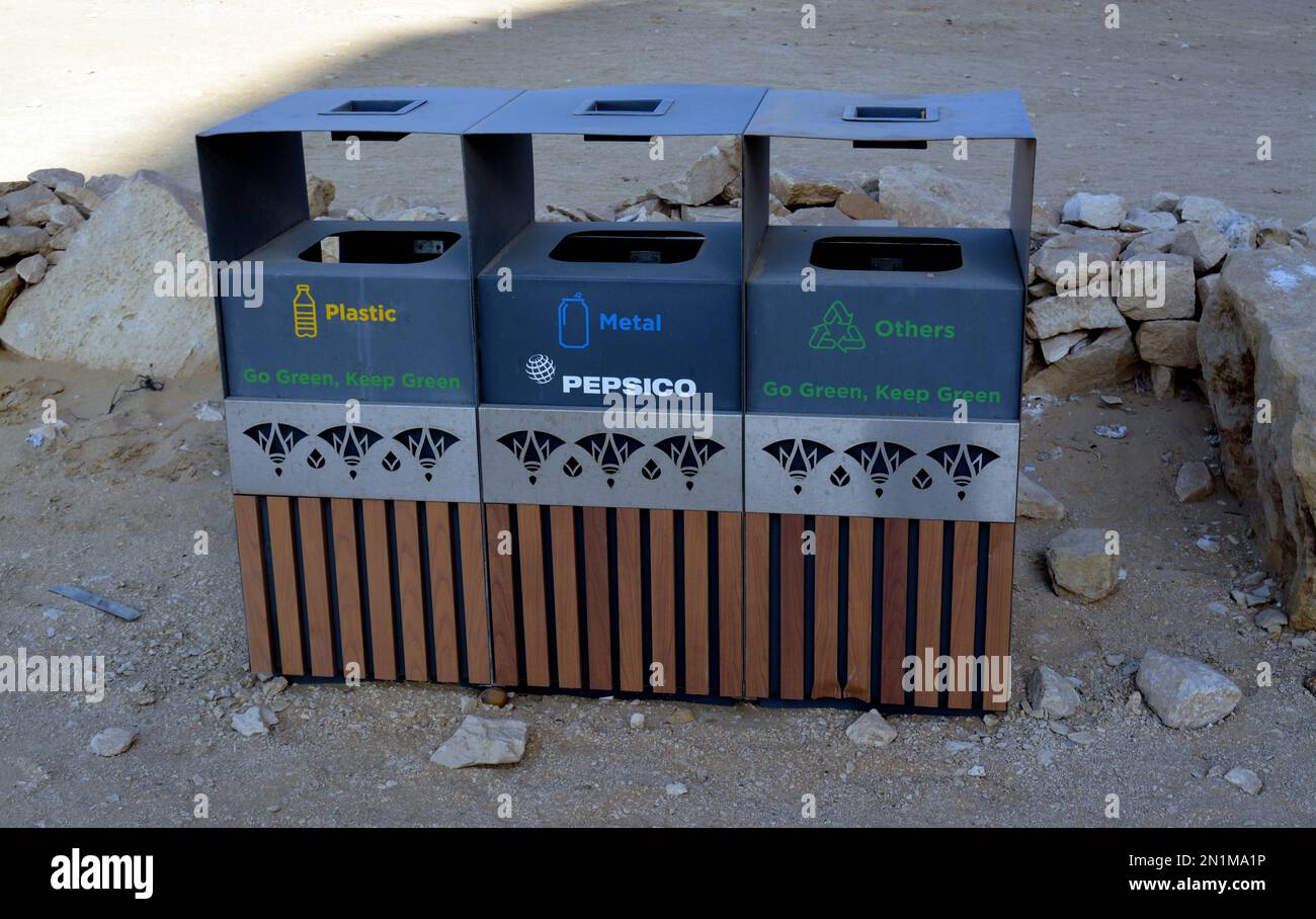Giza, Egypt, January 26 2023: A wooden trash bin for different garbage ...