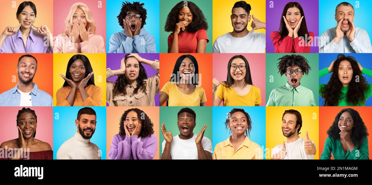 Set Of Portraits Of Multiethnic People Expressing Different Emotions Over Colorful Backgrounds ...