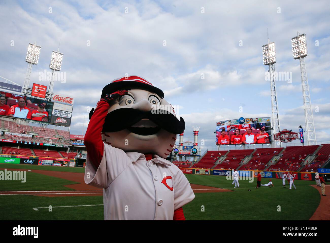 Cincinnati Reds mascot Mr. Redlegs looks out onto the crowd before a ...
