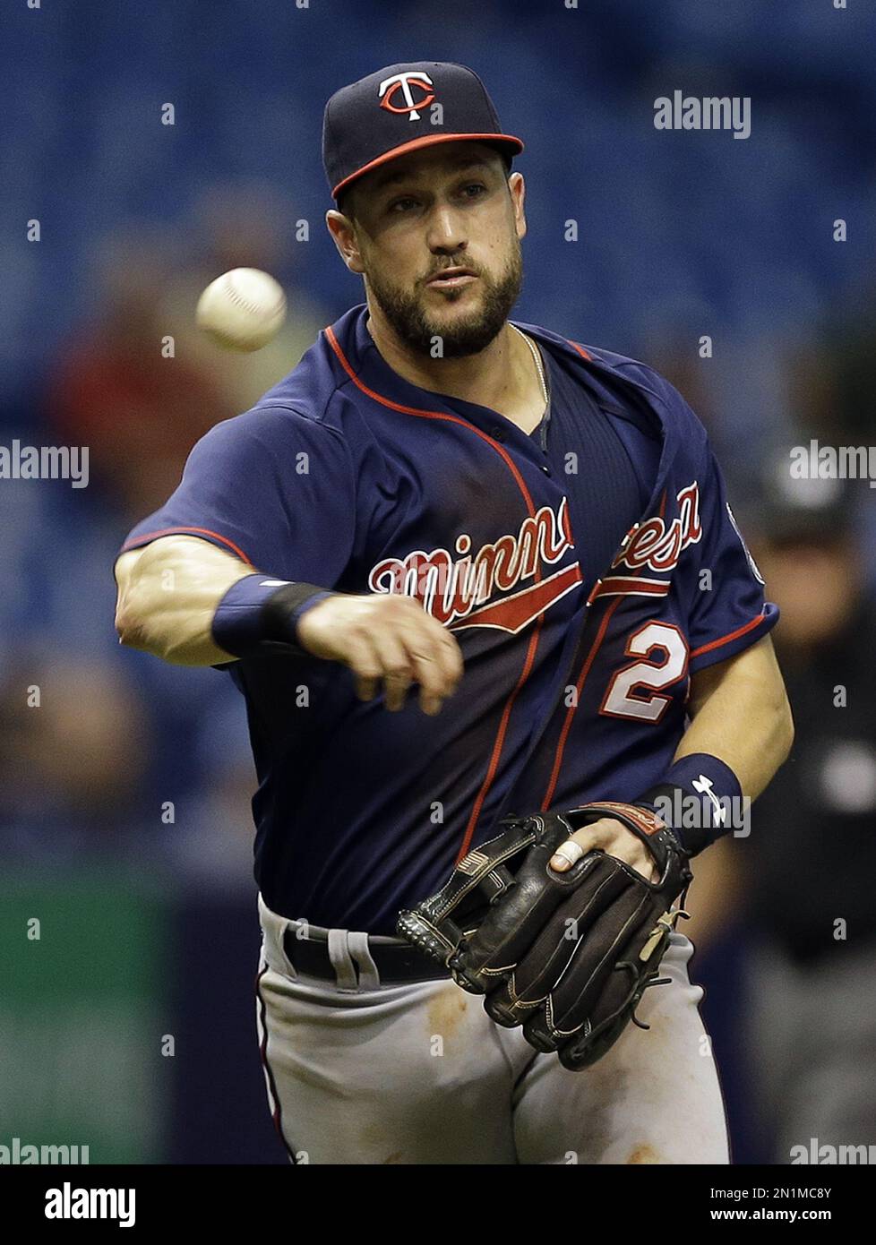 Minnesota Twins third baseman Trevor Plouffe throws out Tampa Bay Rays' Kevin Kiermaier at first ...