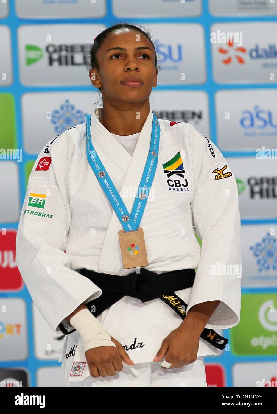 Brazil's Erika Miranda poses during an award ceremony of the women's 52 ...