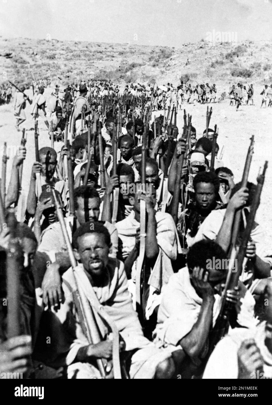 Scores of Abyssinian soldiers, captured after a battle with the Italian ...