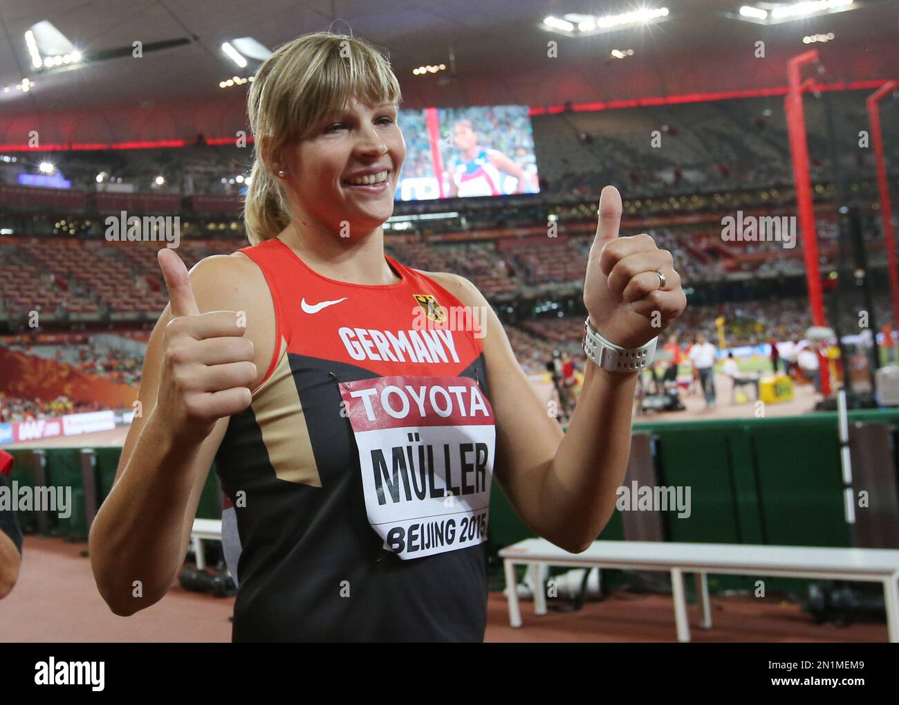 Germany's Nadine Mueller reacts after winning the bronze medal in the ...