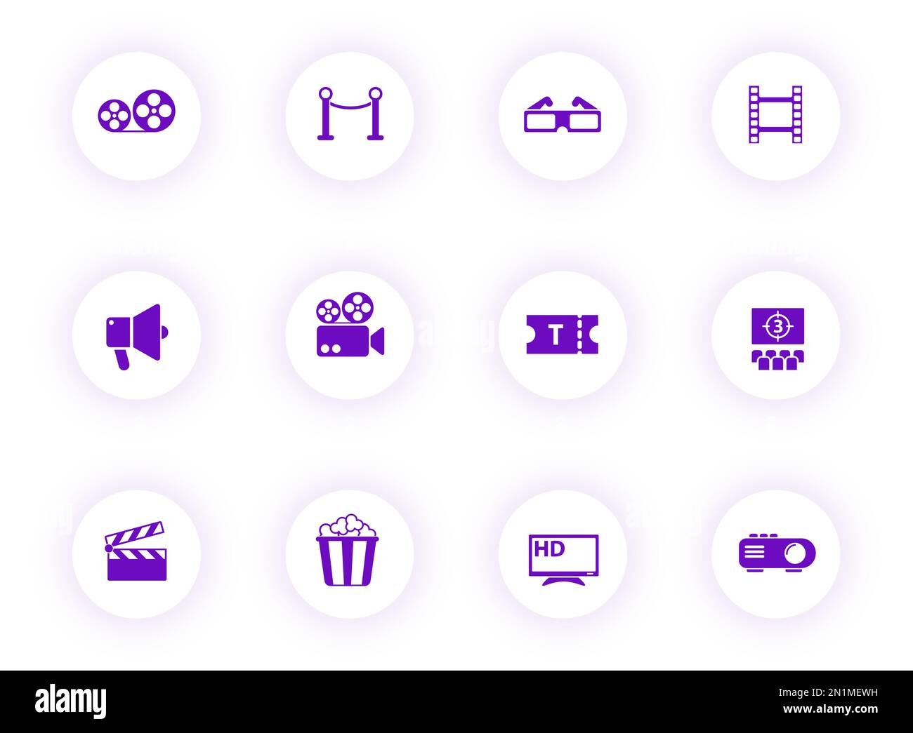 cinema purple color vector icons on light round buttons Stock Vector ...