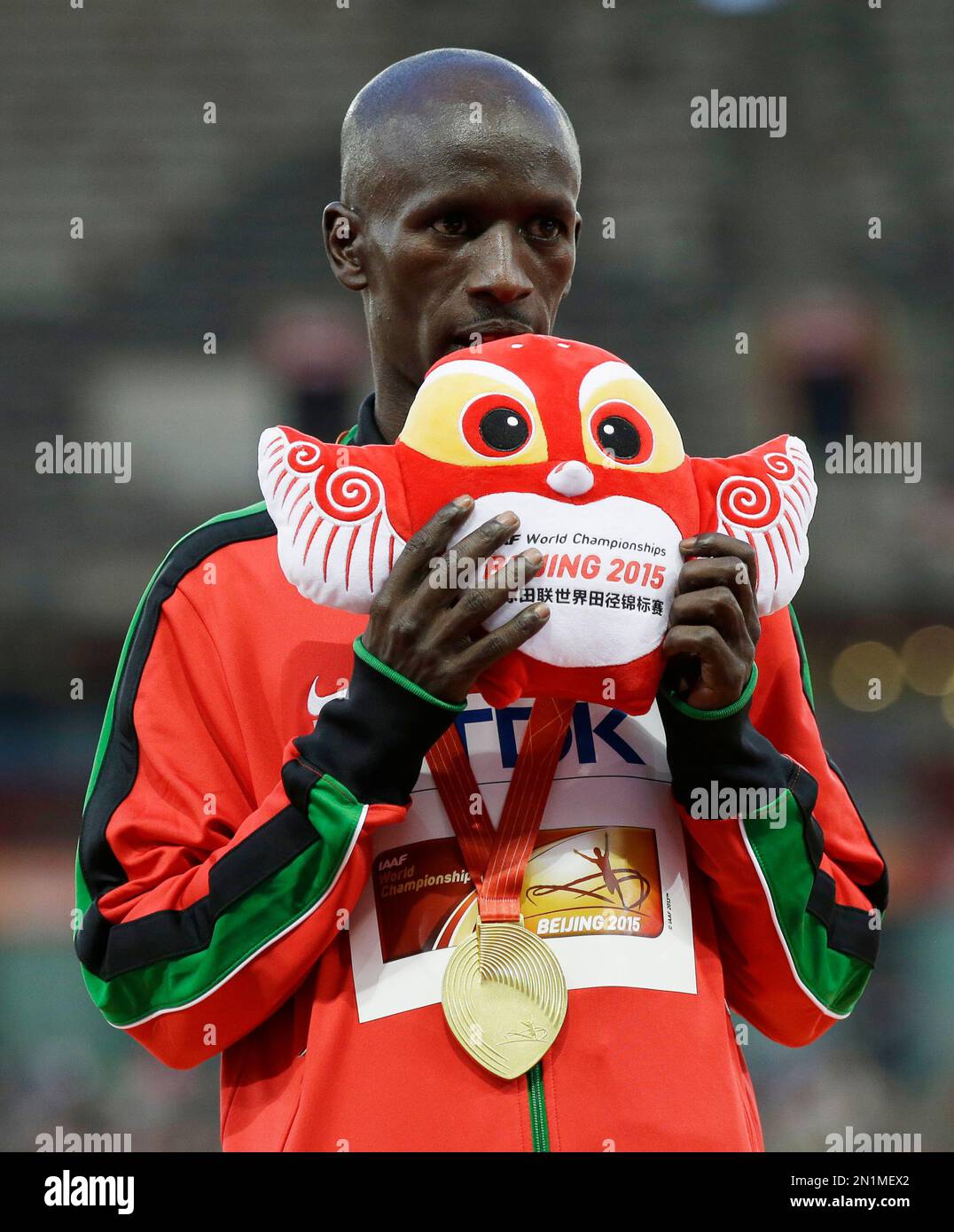 Men's 3000m steeplechase gold medalist Kenya's Ezekiel Kemboi waits ion ...
