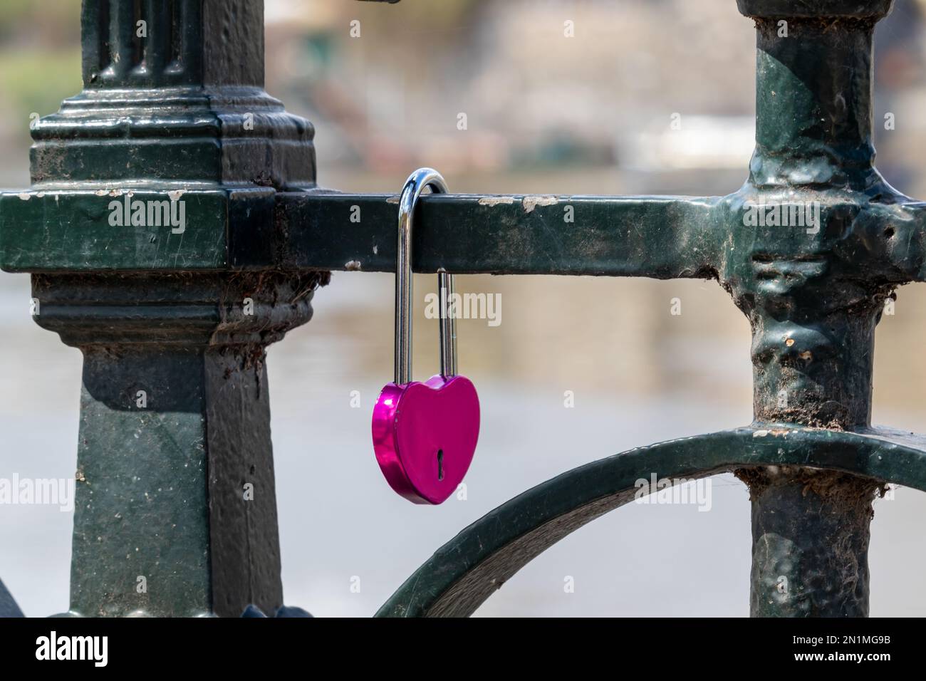 April 25, 2022 Prague Czech Republic. Colored metal padlocks on a fence ...