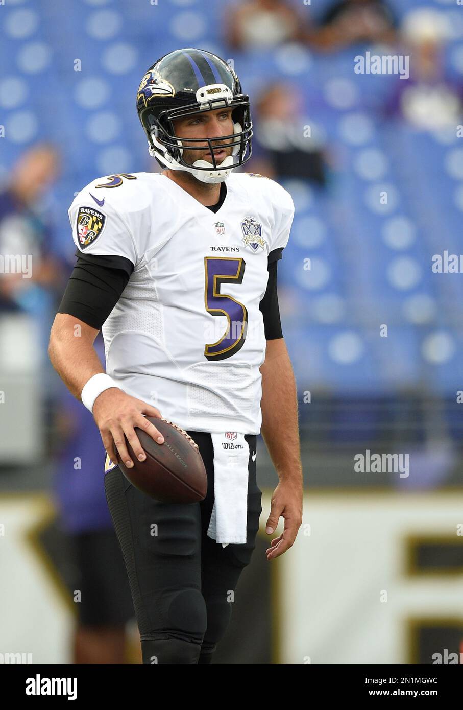Baltimore Ravens quarterback Joe Flacco (5) looks on before an NFL ...