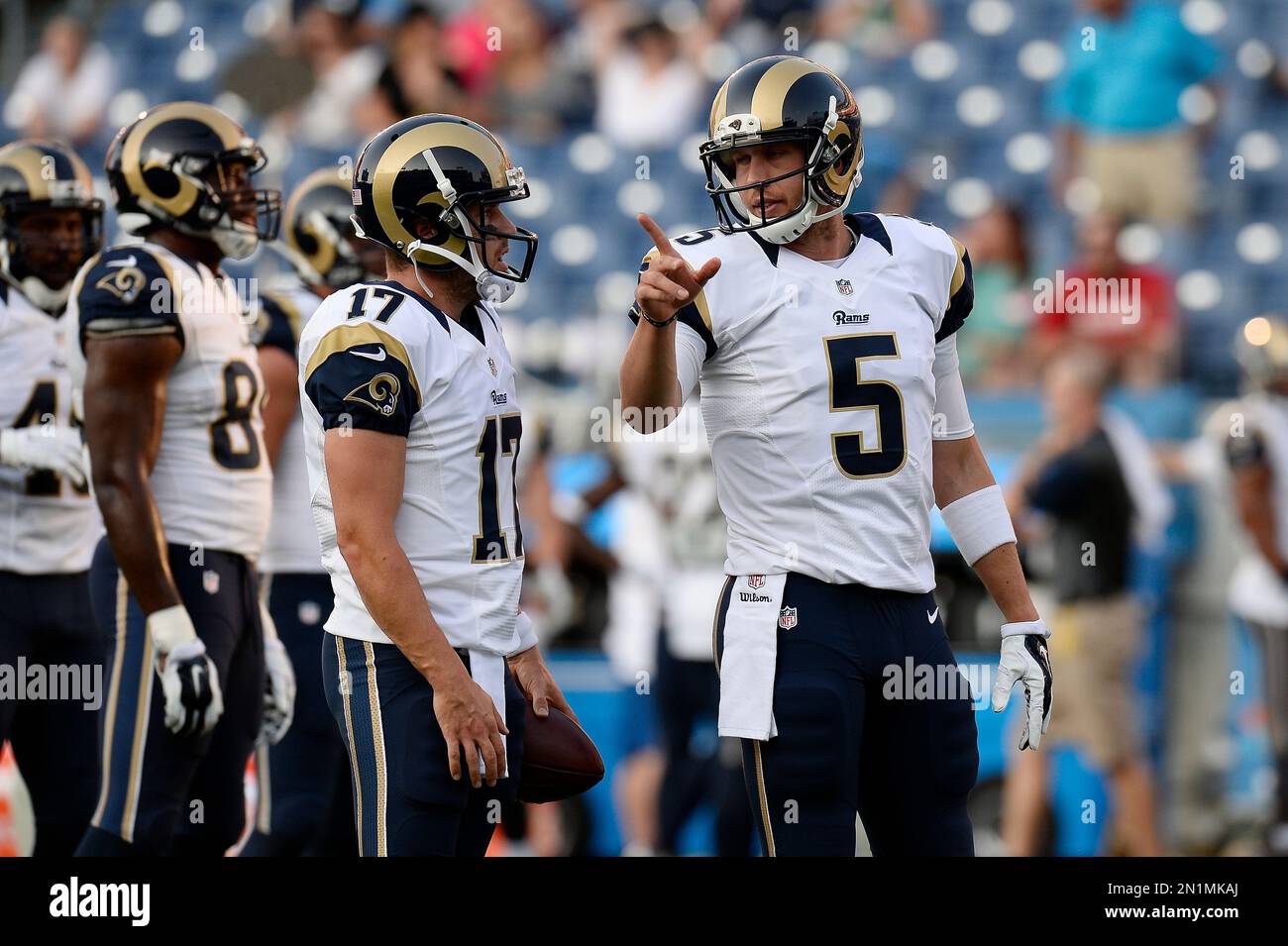 St. Louis Rams quarterback Nick Foles (5) talks to quarterback Case ...