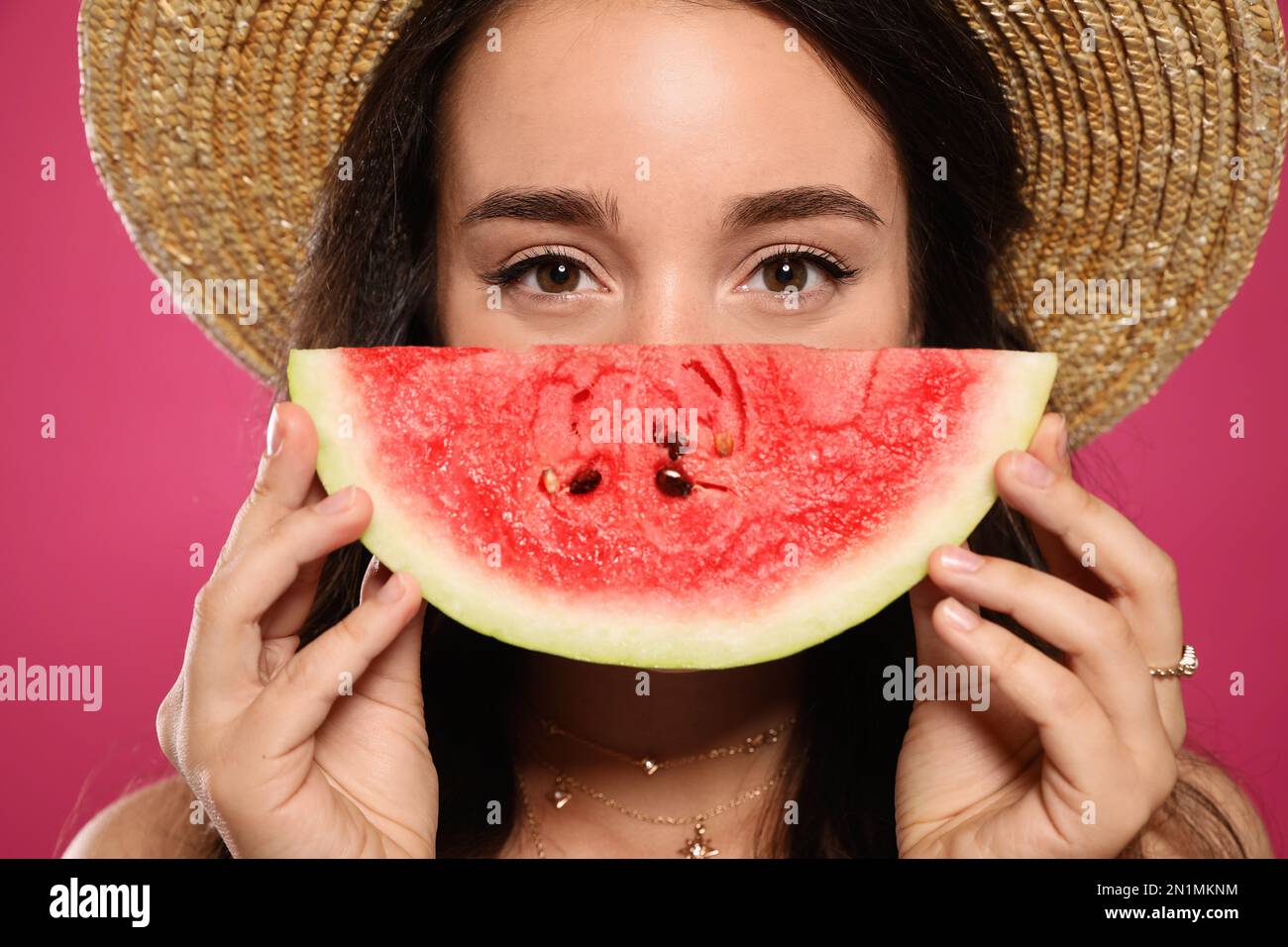 Beautiful young woman with watermelon on pink background, closeup Stock ...