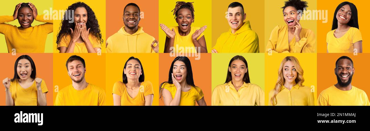 Emotional multiethnic millennials in yellow having fun on colorful ...