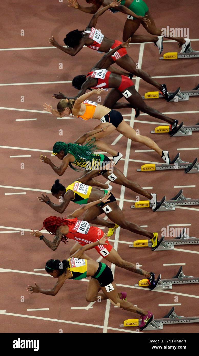 Jamaica's Shelly-Ann Fraser-Pryce, fourth from bottom, starts on her ...