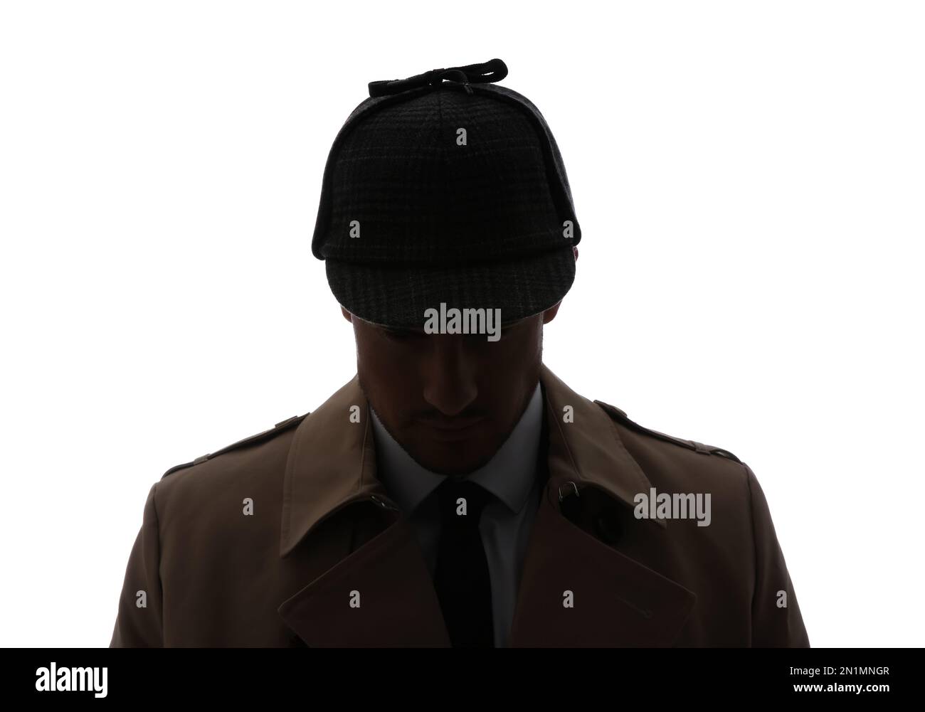 Old fashioned detective in hat on white background Stock Photo - Alamy