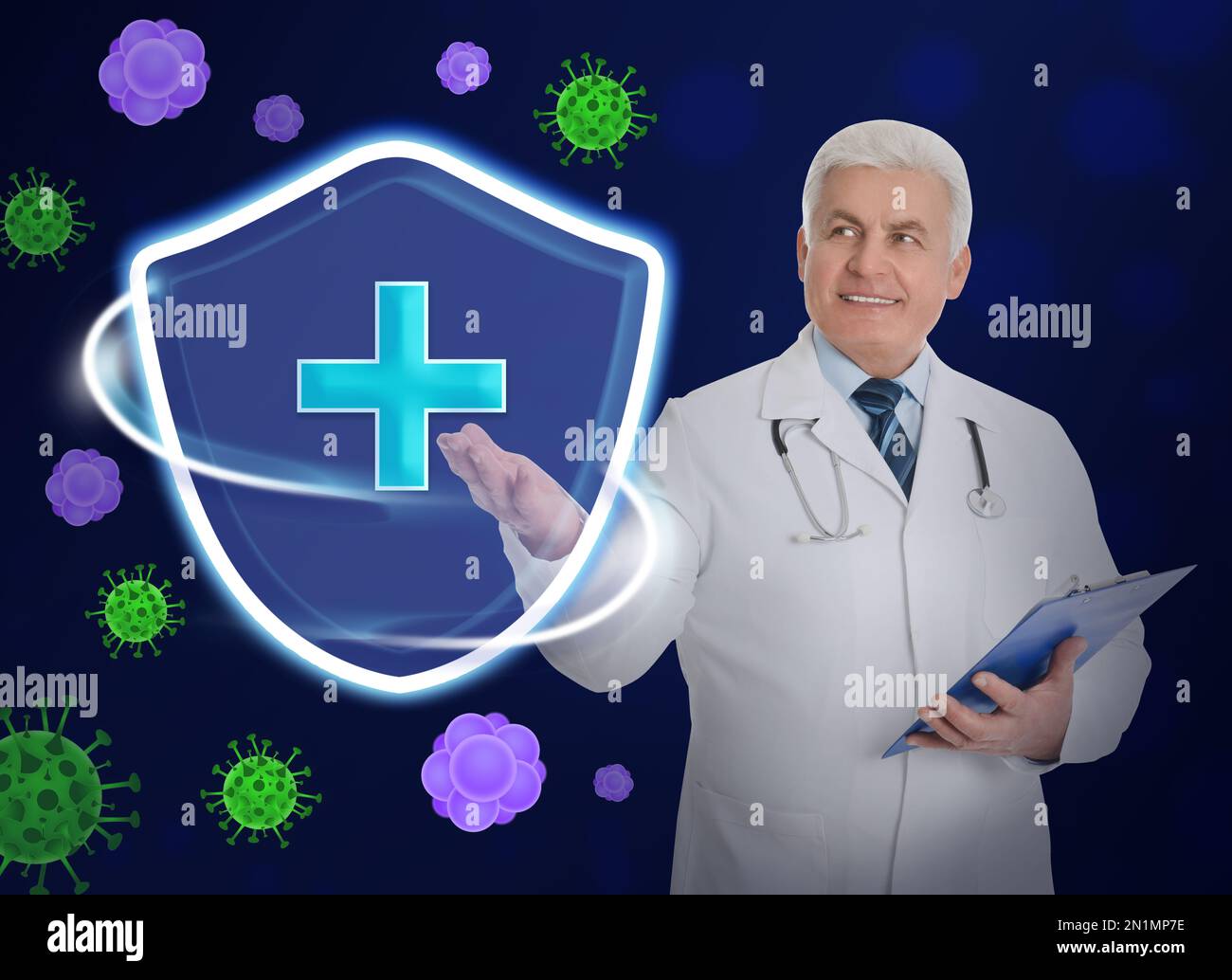 Immunologist and shield with cross as symbol of virus protection on ...