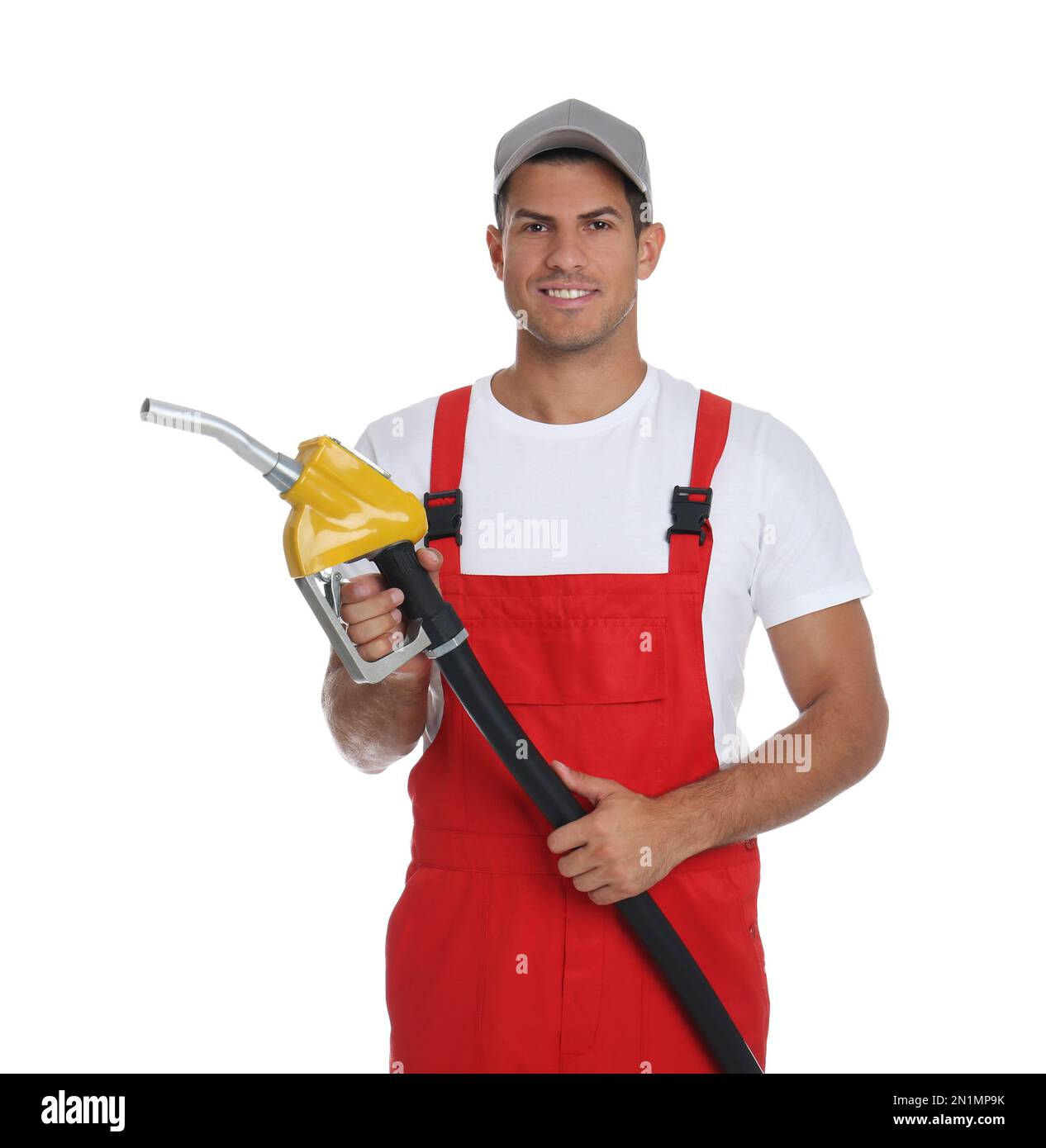 Gas station worker with fuel nozzle on white background Stock Photo - Alamy