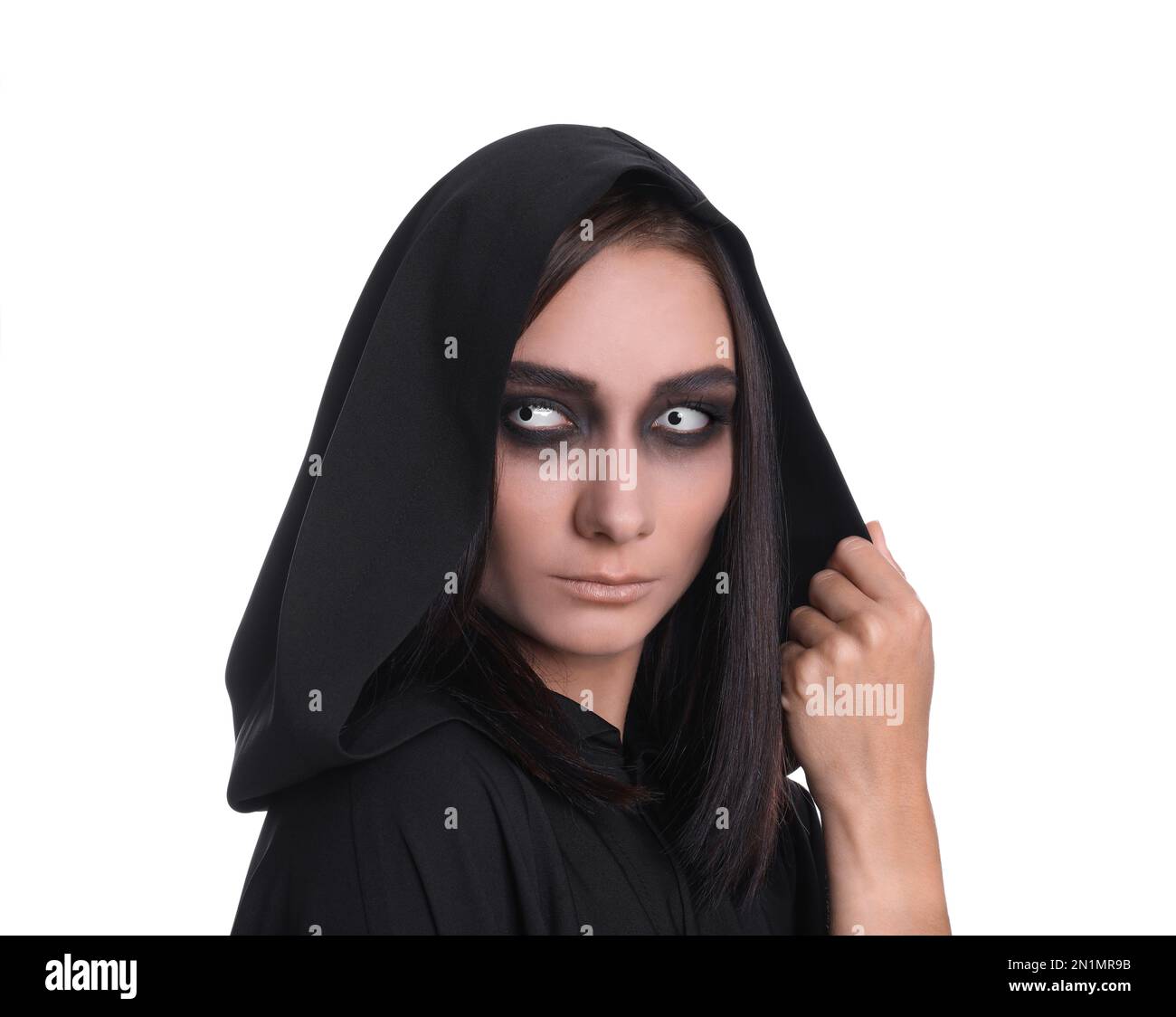 Mysterious witch with spooky eyes on white background Stock Photo - Alamy