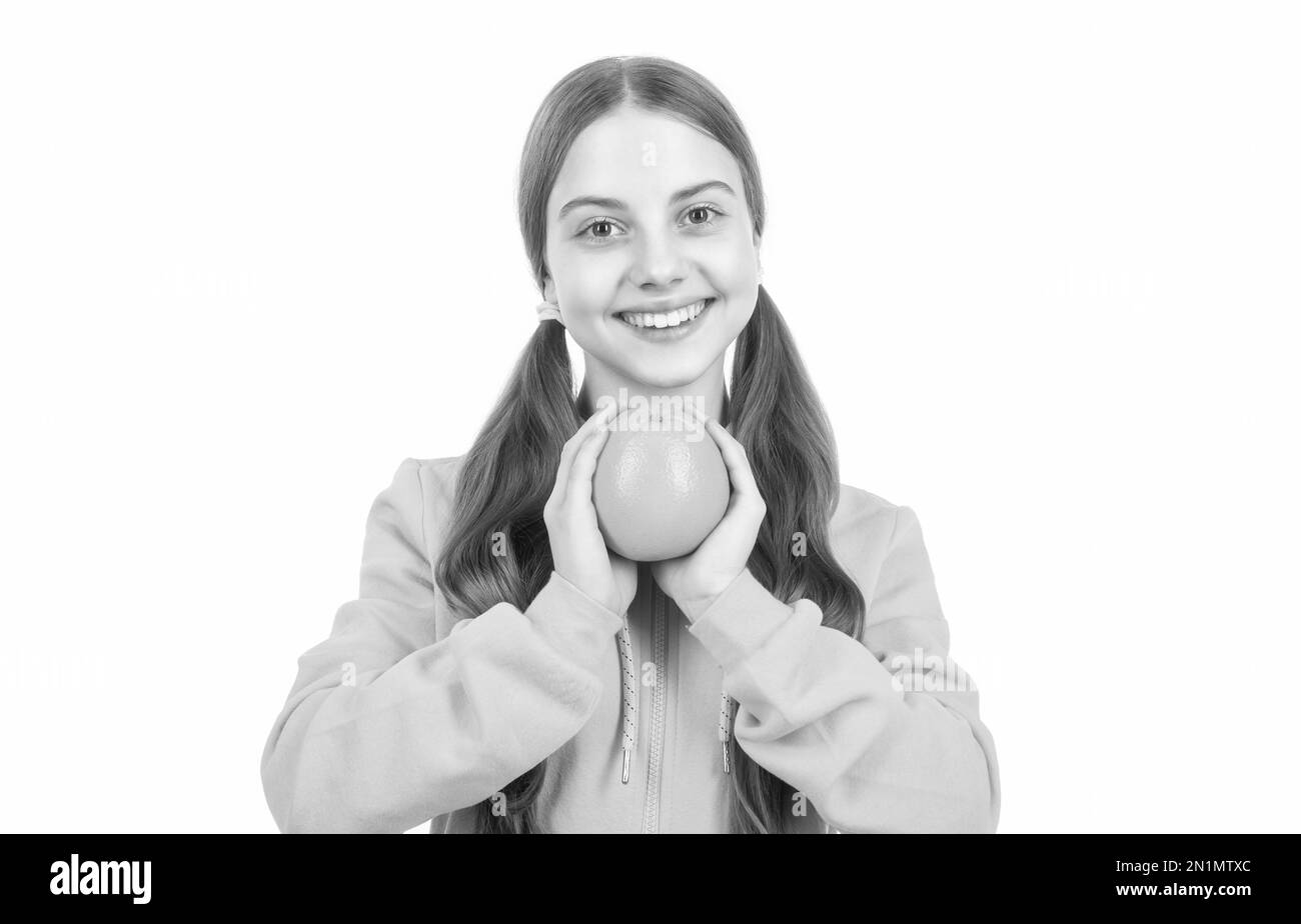 healthy life. diet and kid skin beauty. happy teen girl with orange ...