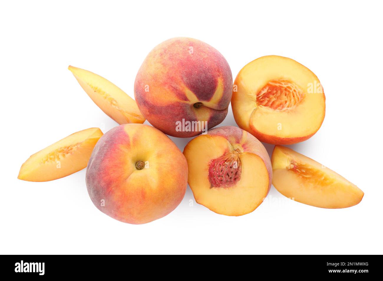 Whole and cut ripe peaches isolated on white, top view Stock Photo - Alamy