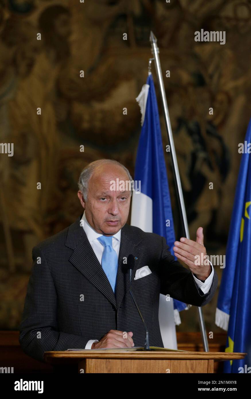 French Foreign Minister Laurent Fabius speaks during a press conference ...