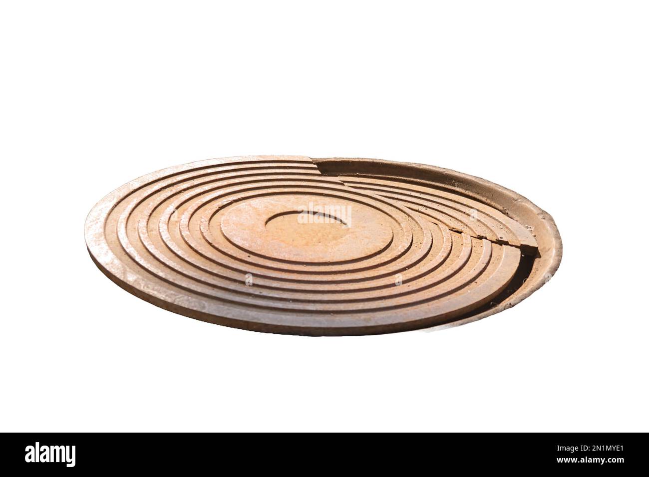 Broken sewer manhole on an asphalt road, damage close-up, isolated on a ...