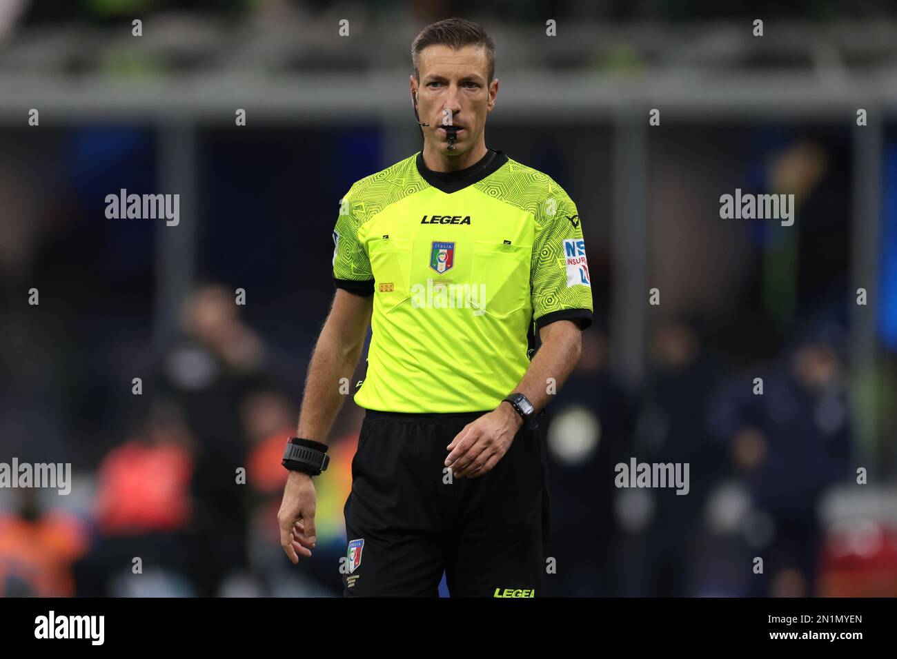 Milan, Italy, 5th February 2023. The Referee Davide Massa blows his ...