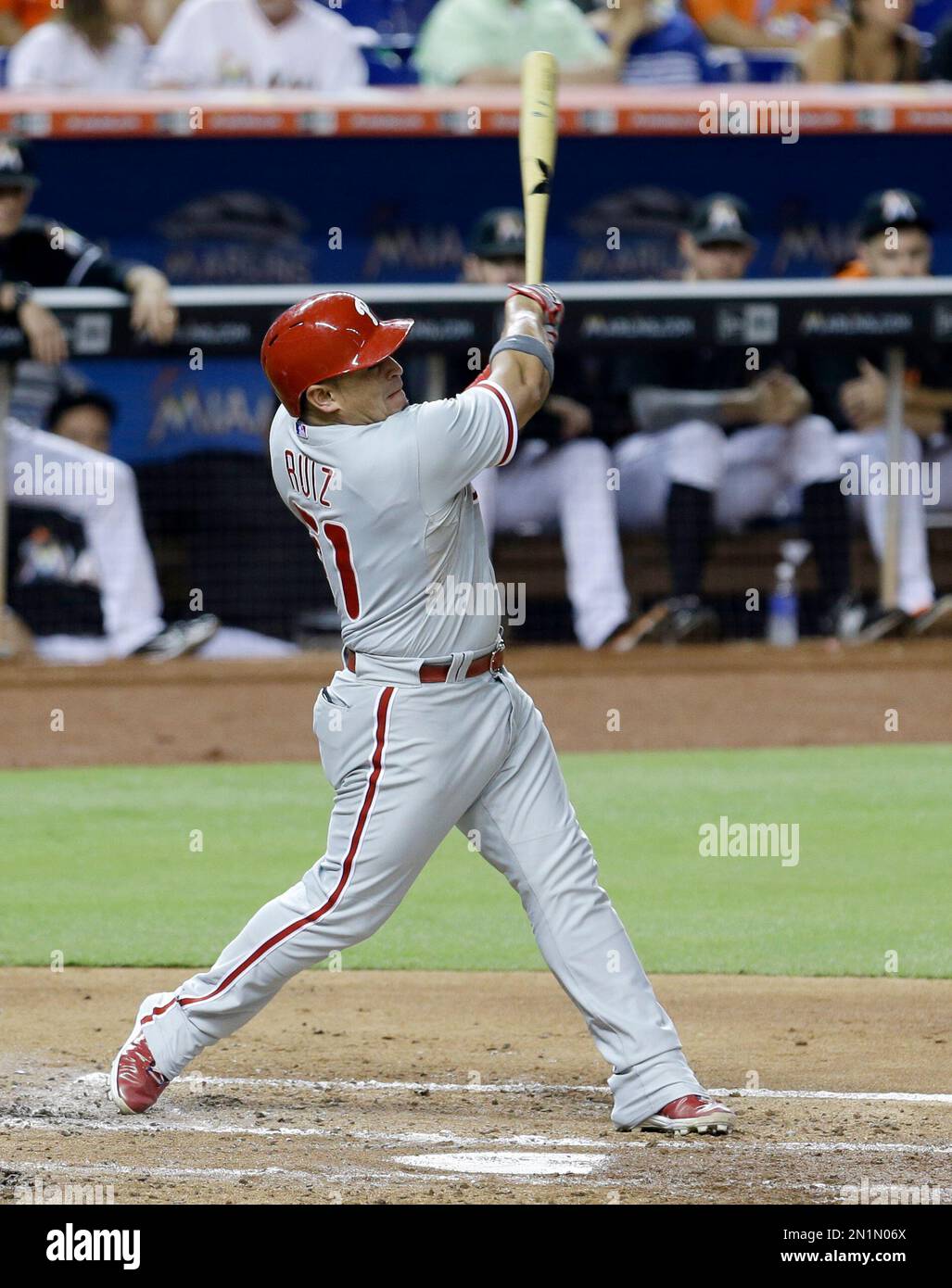 Philadelphia Phillies' Carlos Ruiz (51) follows through during a ...