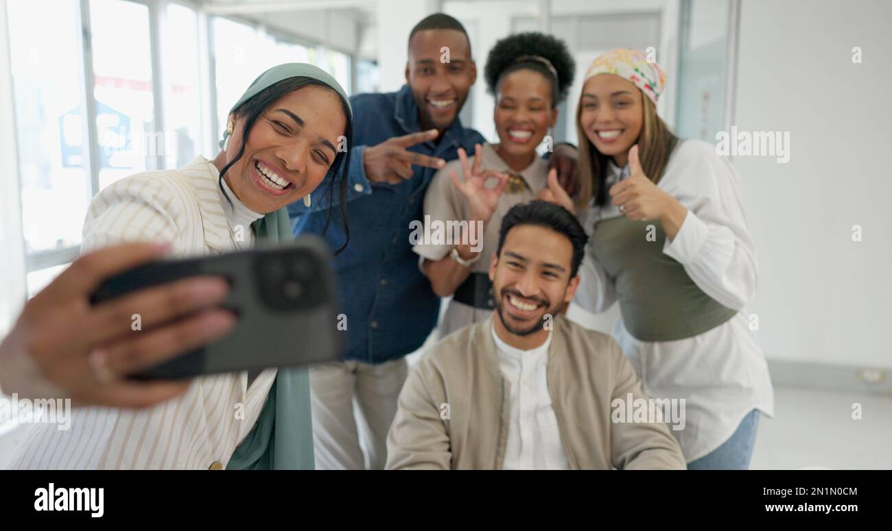 Selfie, office and group of people portrait for social media post ...