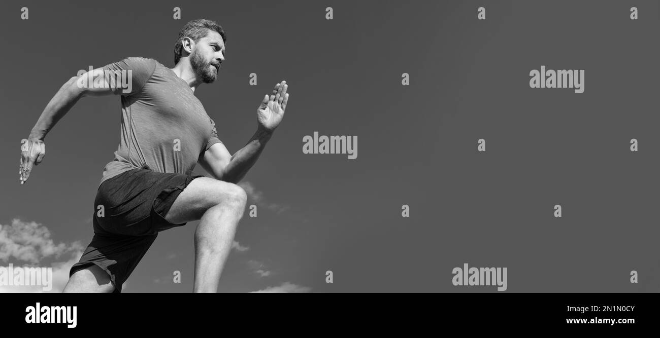 Man running and jumping, banner with copy space. sport athlete run fast ...