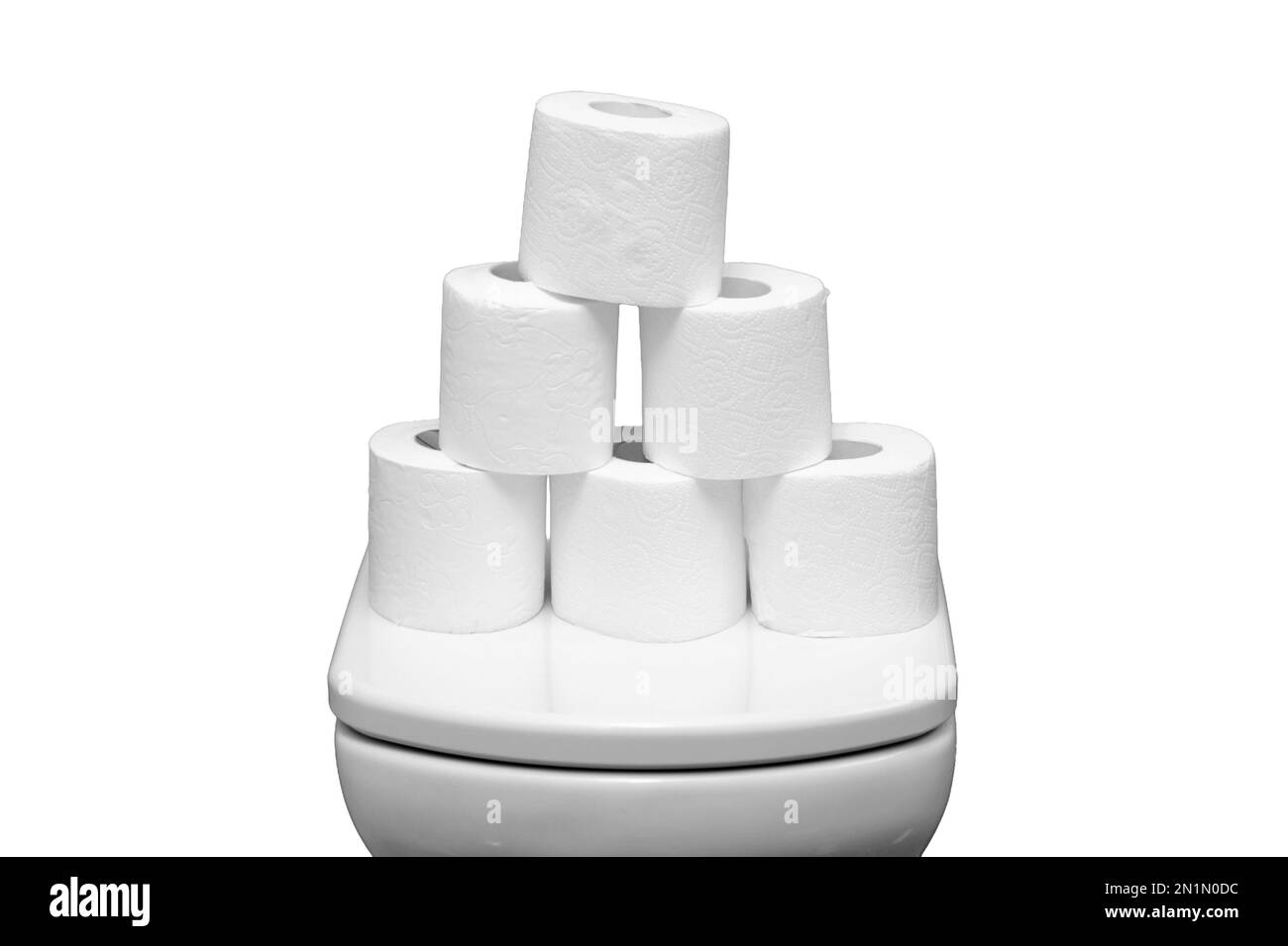 Pyramid of toilet paper rolls on the bowl, isolated on a white ...