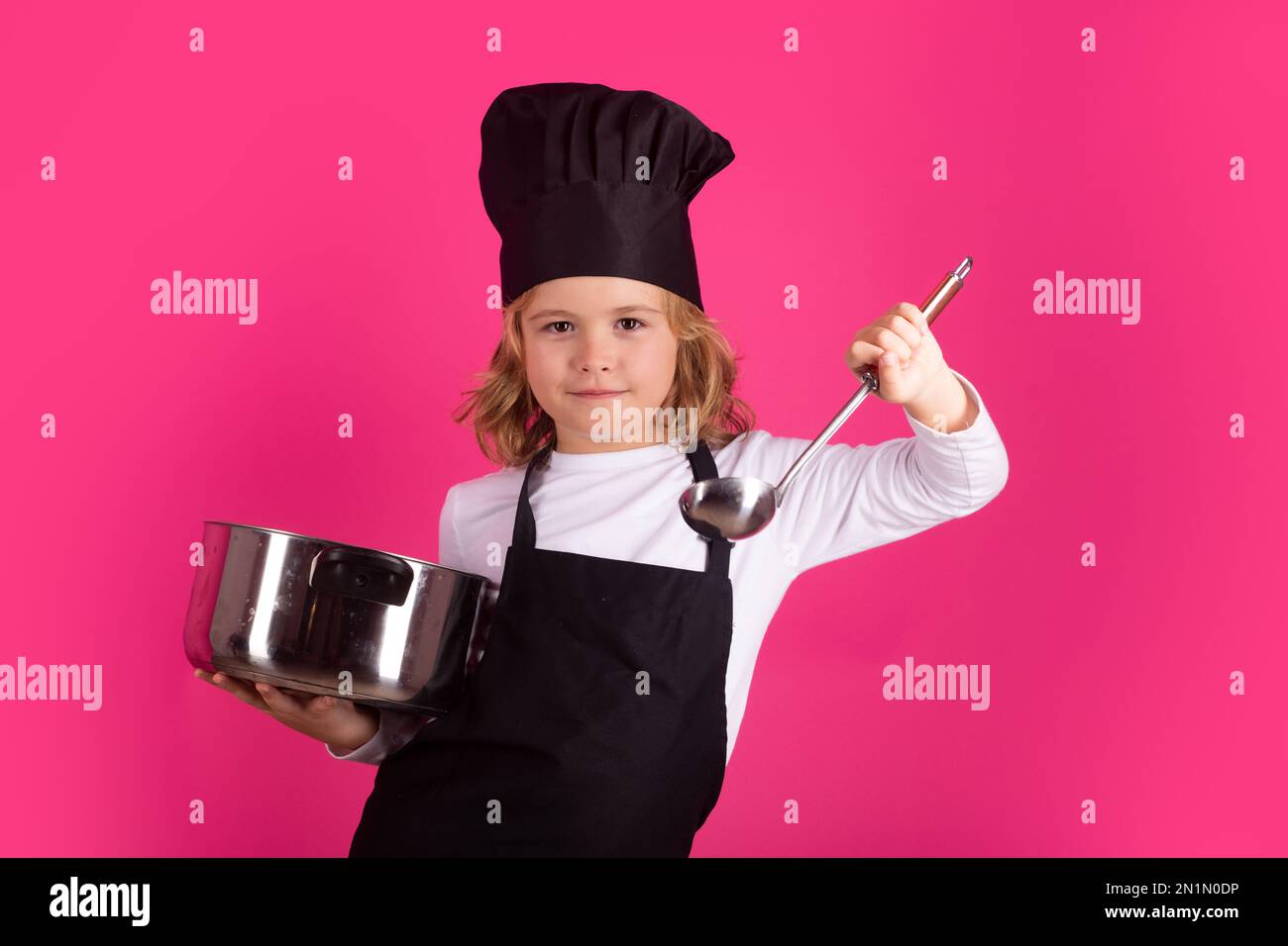 Child chef cook with cooking pot and ladle. Cooking children. Chef kid ...