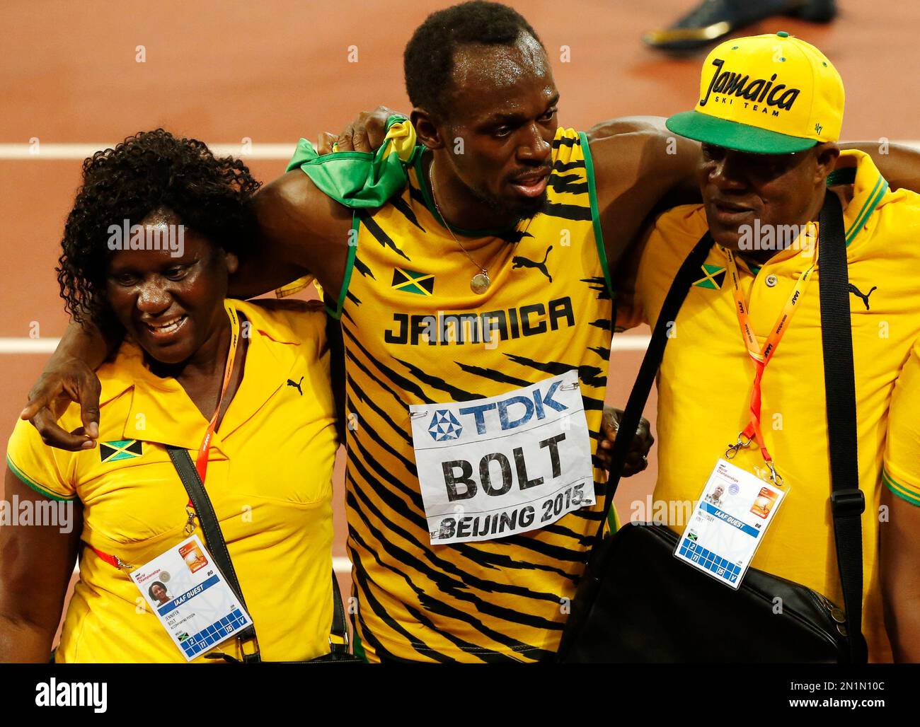 Jamaica's Usain Bolt celebrates with his mother Jennifer Bolt, left ...