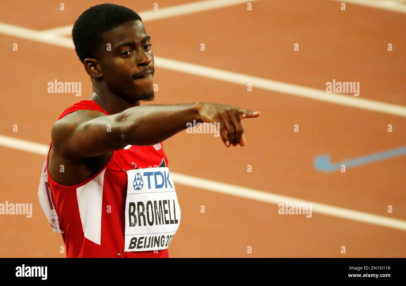 United States' Trayvon Bromell celebrates after winning the bronze ...