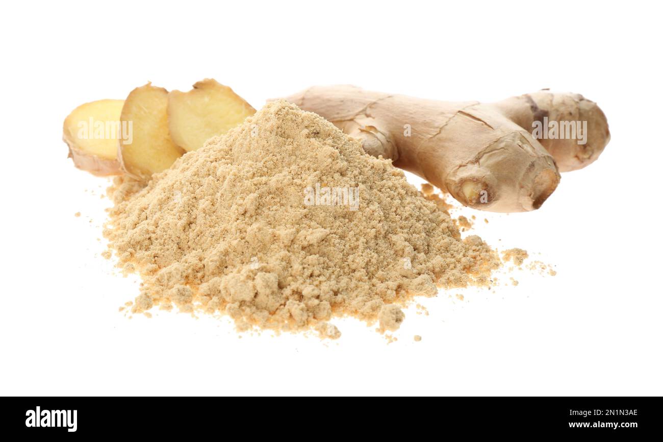 Dry ginger powder and fresh root isolated on white Stock Photo - Alamy