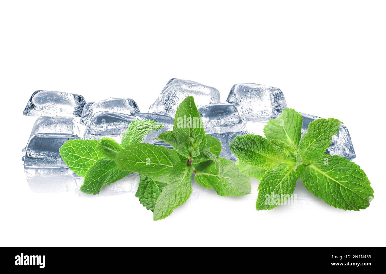 Ice cubes and green mint leaves on white background Stock Photo - Alamy