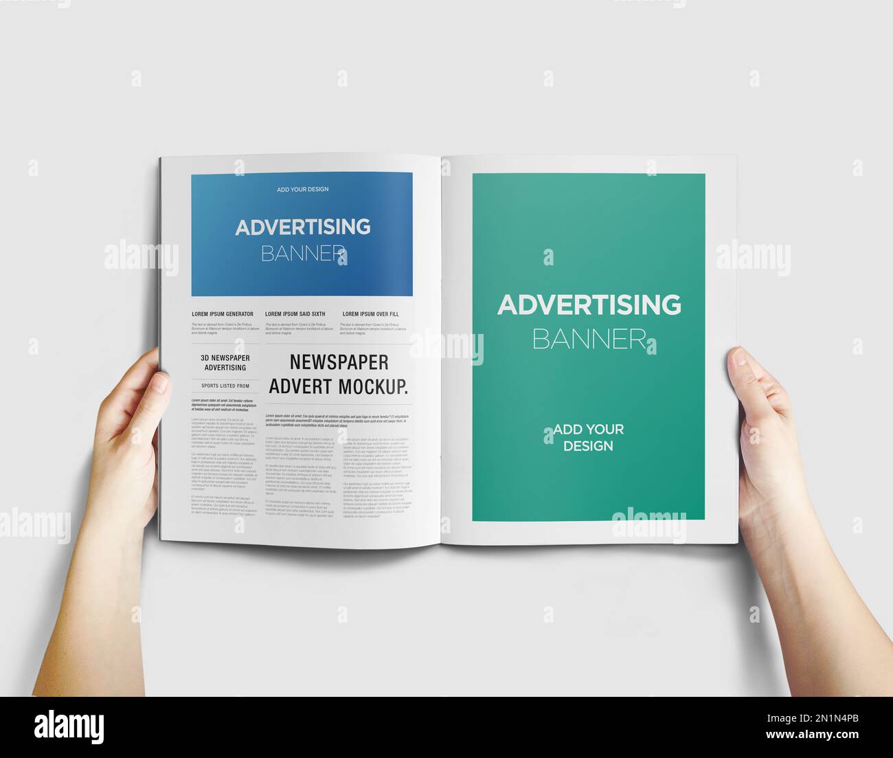 Advertising Banner on Magazine, Brochure Mockup With Hands Stock Photo ...
