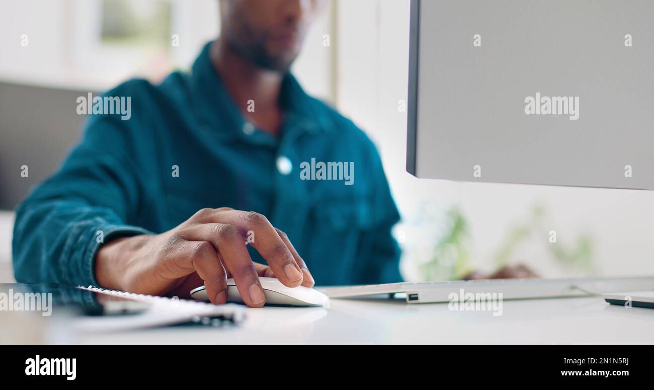 Office computer mouse, hands and black man working feedback review of ...