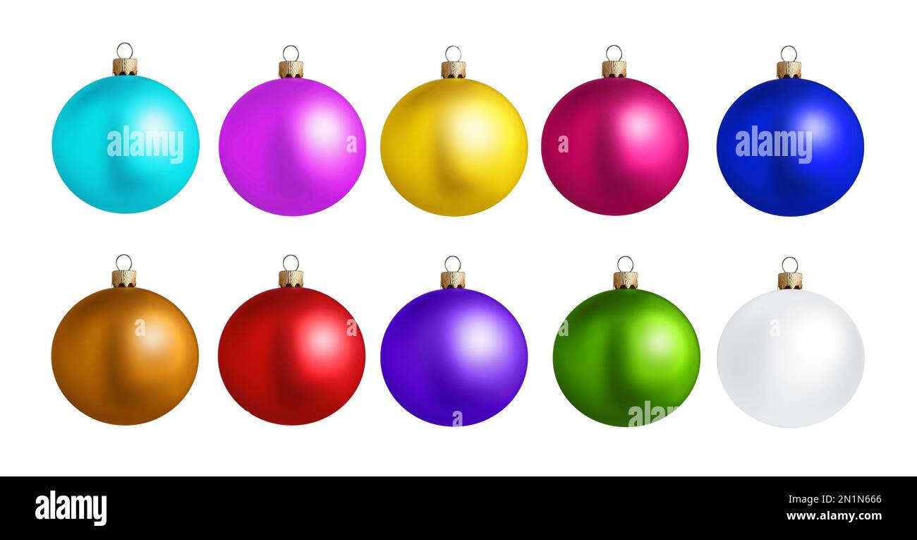 Set of bright Christmas balls on white background. Banner design Stock ...