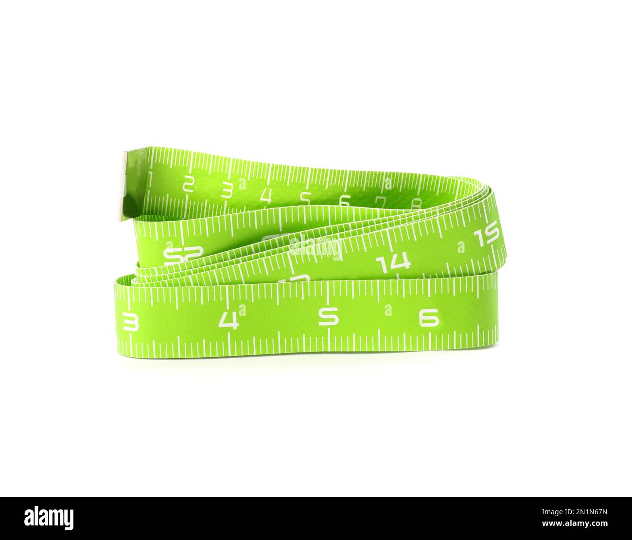 Green folded measuring tape isolated on white Stock Photo - Alamy