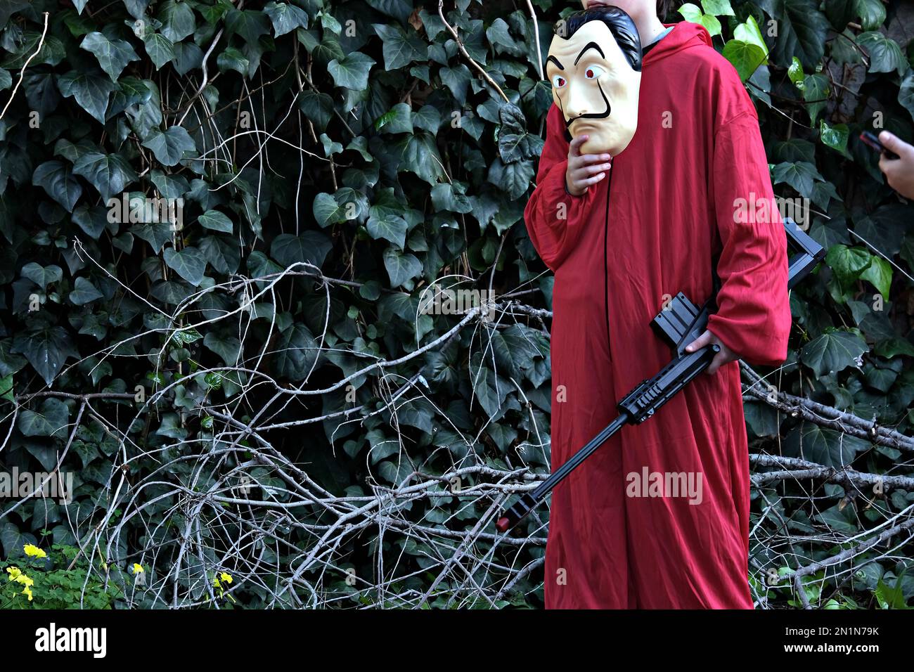 Boy at the carnival parade wears a mask inspired by the TV serie Money ...