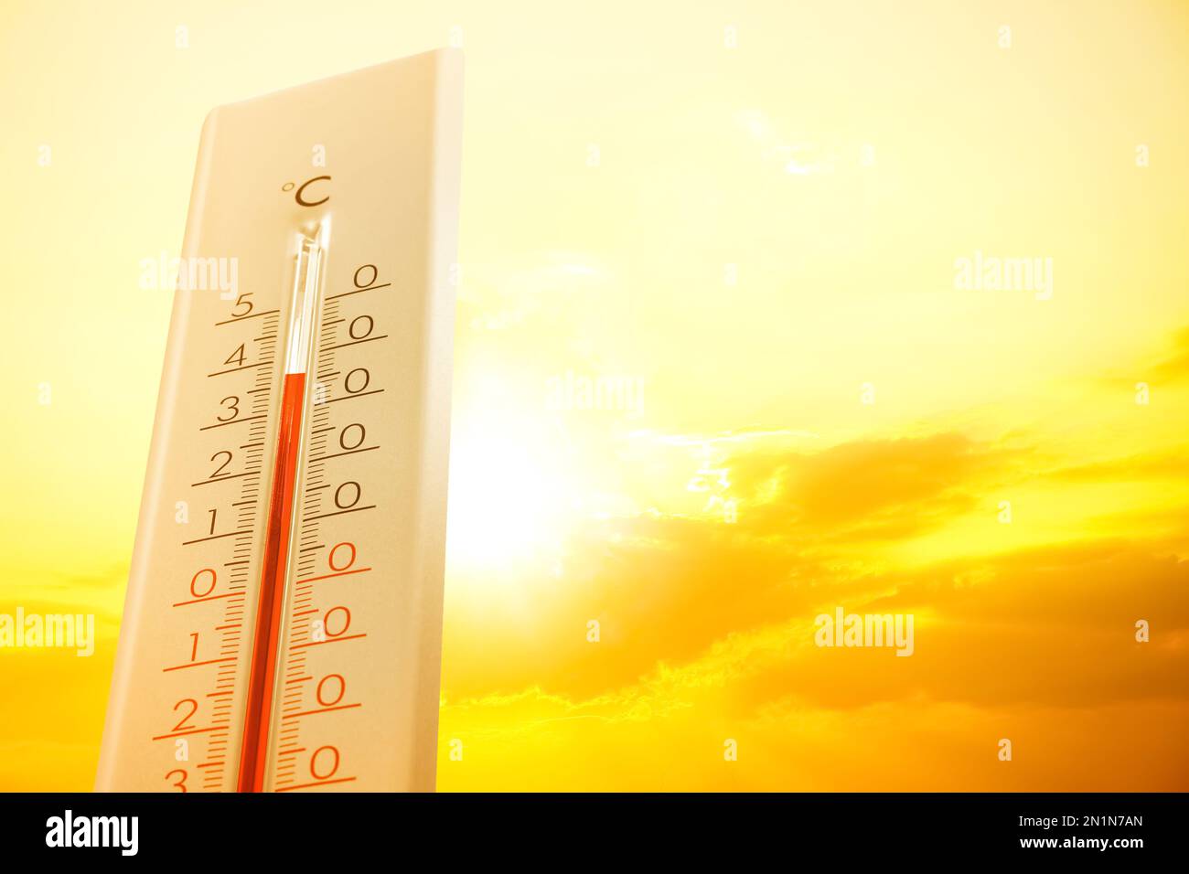 Weather thermometer showing high temperature and sunny sky with clouds ...
