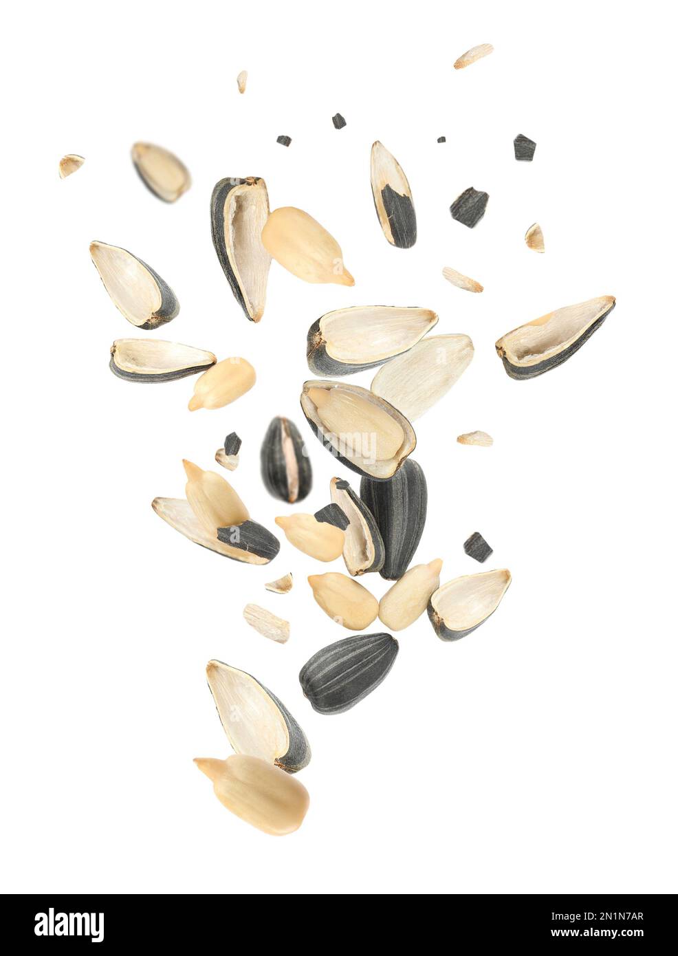 Sunflower seeds with hull flying on white background Stock Photo - Alamy