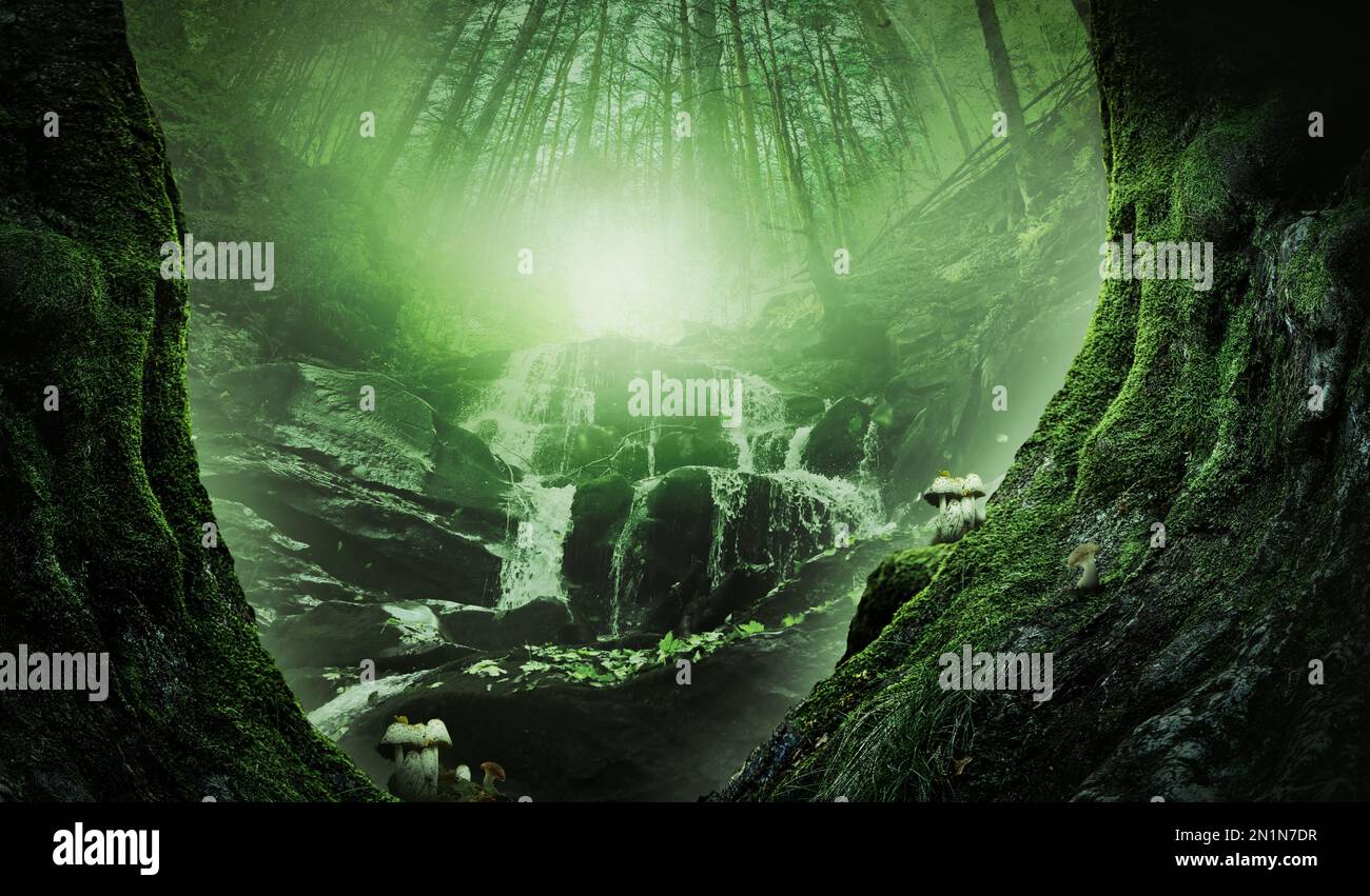 Dark waterfall in ancient forest hi-res stock photography and images ...